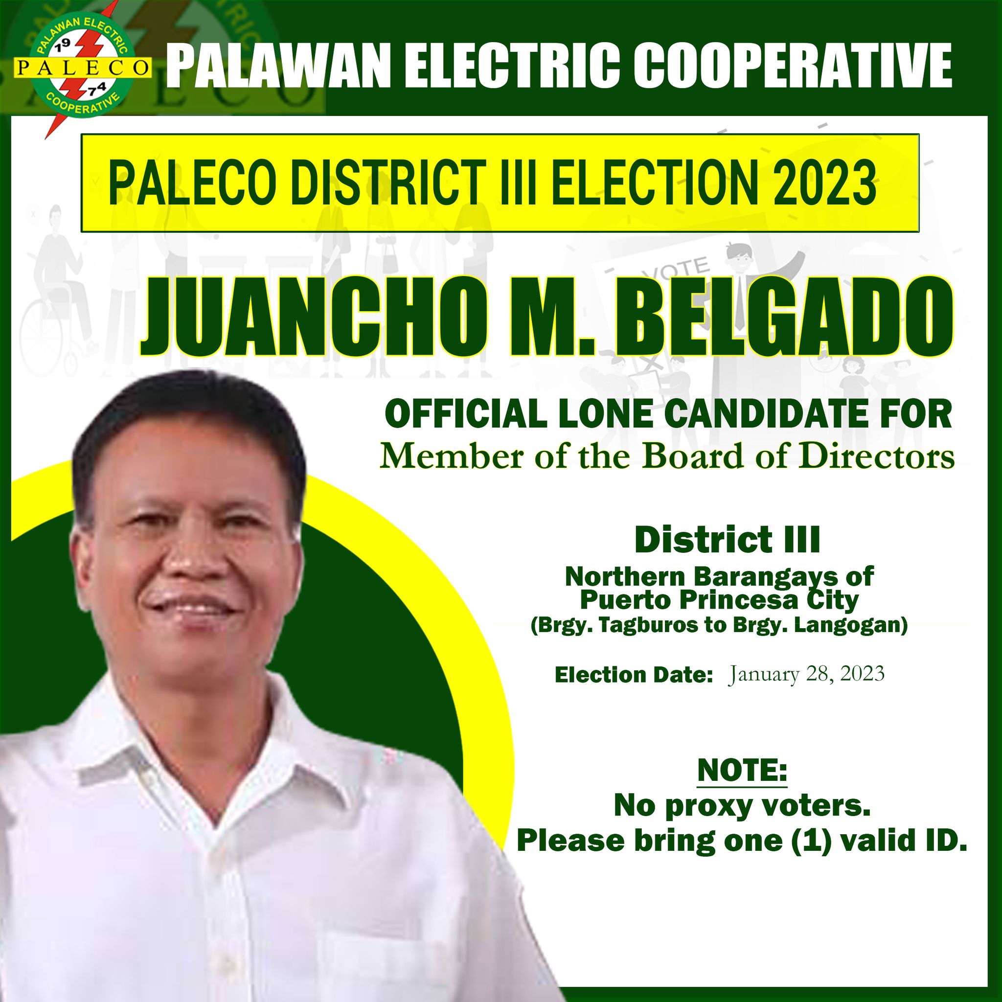 PALECO DISTRICT III ELECTION - OFFICIAL LONE CANDIDATE
